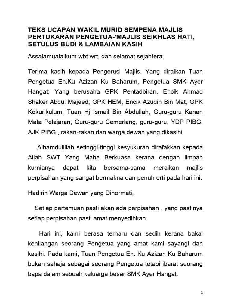 Teks Ucapan Wakil Murid Sempena Majlis Pertukaran Pengetua | PDF