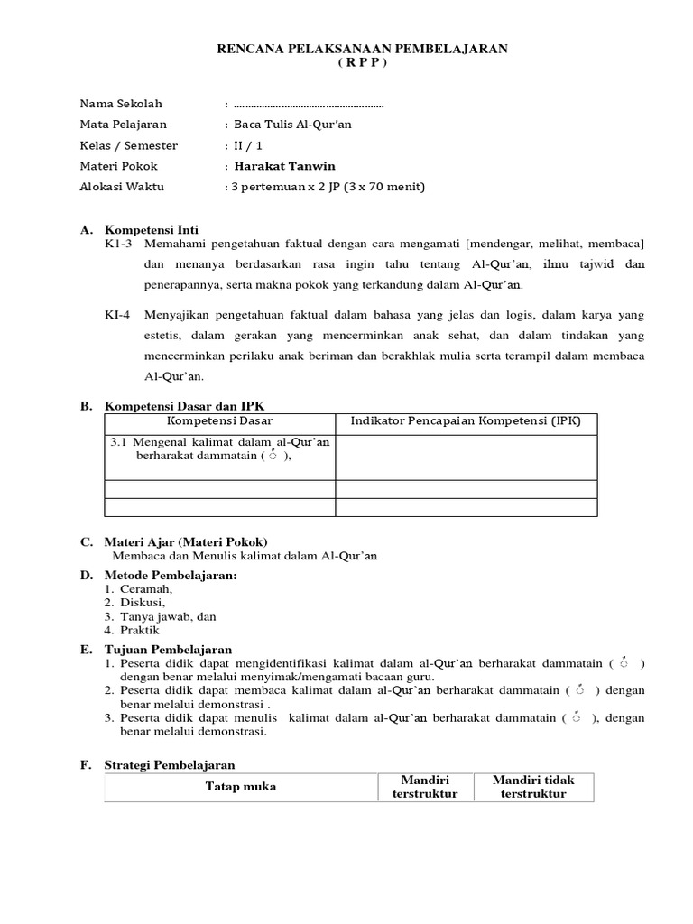 RPP BTQ K13 Kelas 2 Semester 1 | PDF