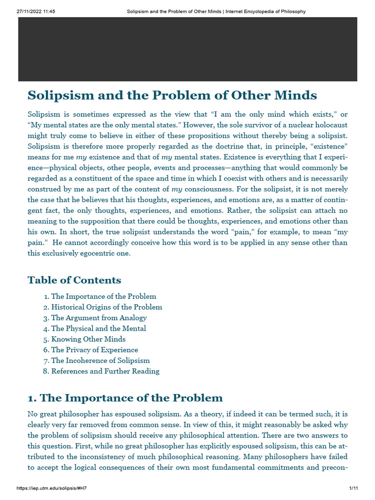Solipsism and The Problem of Other Minds - Internet Encyclopedia of ...
