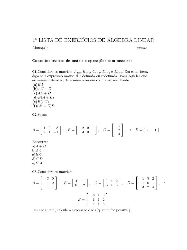 Lista de Exercícios de Álgebra Linear | PDF | Matriz (Matemática ...