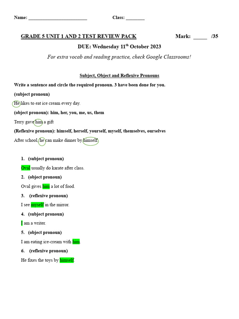 Grade 5 Unit 1 and 2 Review Pack | PDF | Subject (Grammar) | Pronoun
