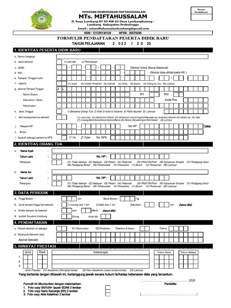 Formulir Pendaftaran MTs 2018 | PDF