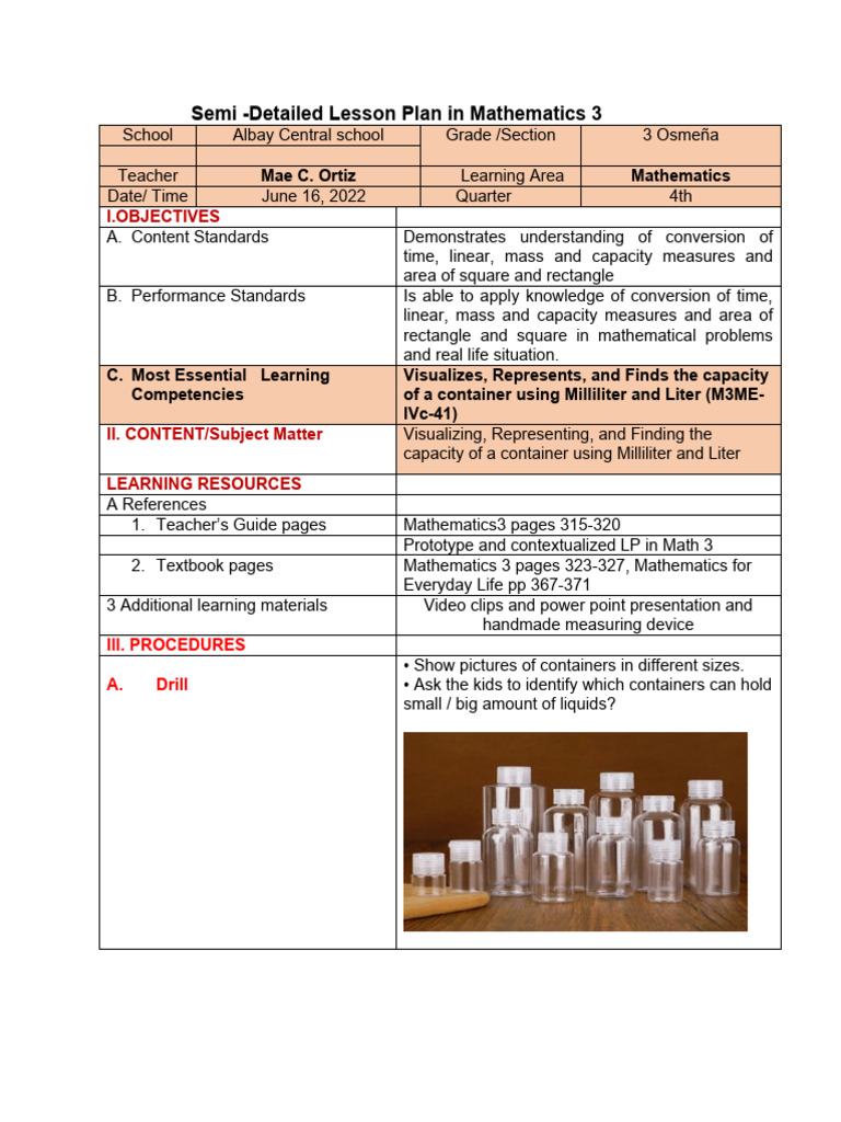 MATH LP 4th Q DR ORTIZ | PDF | Litre | Mathematics