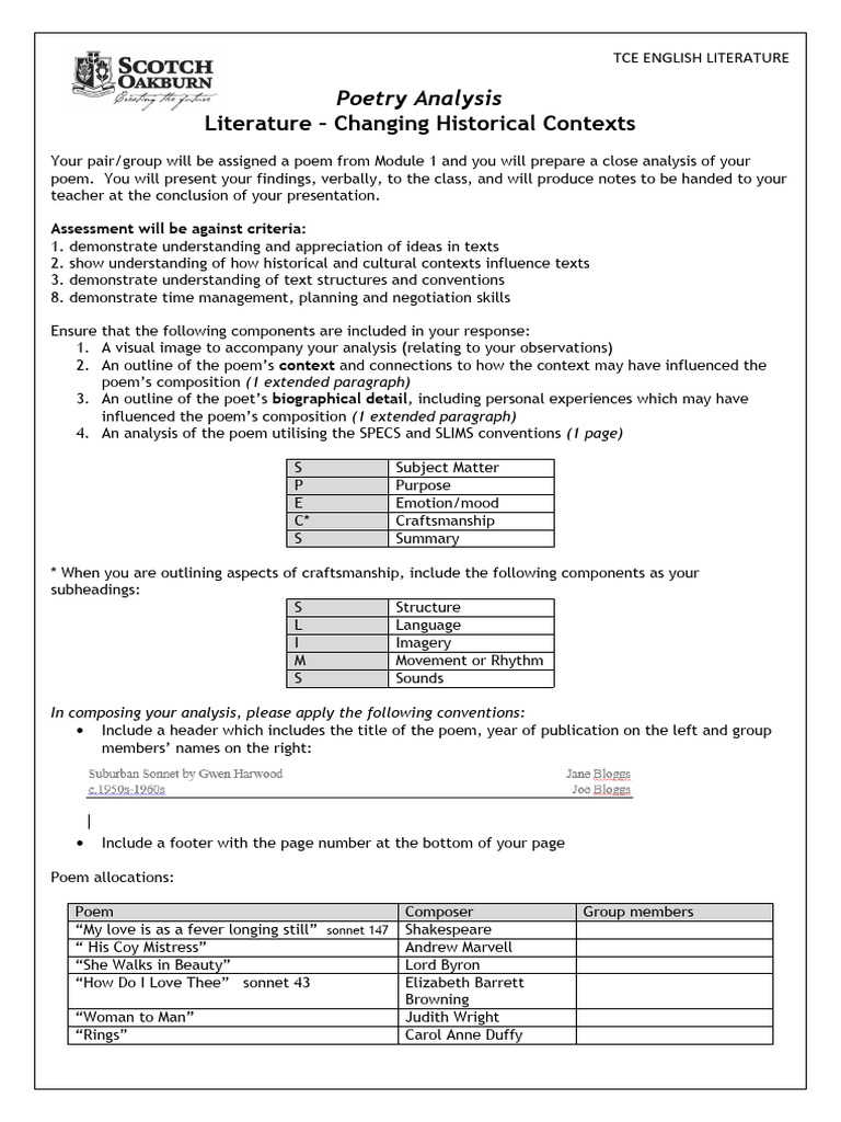 Specs and Slims Task | PDF | Poetry | Sonnets