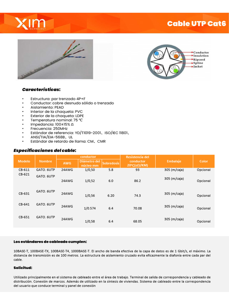 Hoja Tecnica Cable Utp Cat6 Marca Xim | PDF | Telecomunicaciones | Ingenieria Eléctrica