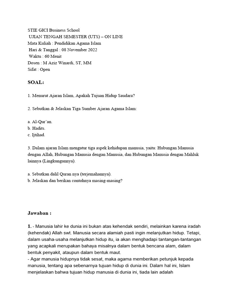 Soal UTS Pendidikan Agama Islam | PDF