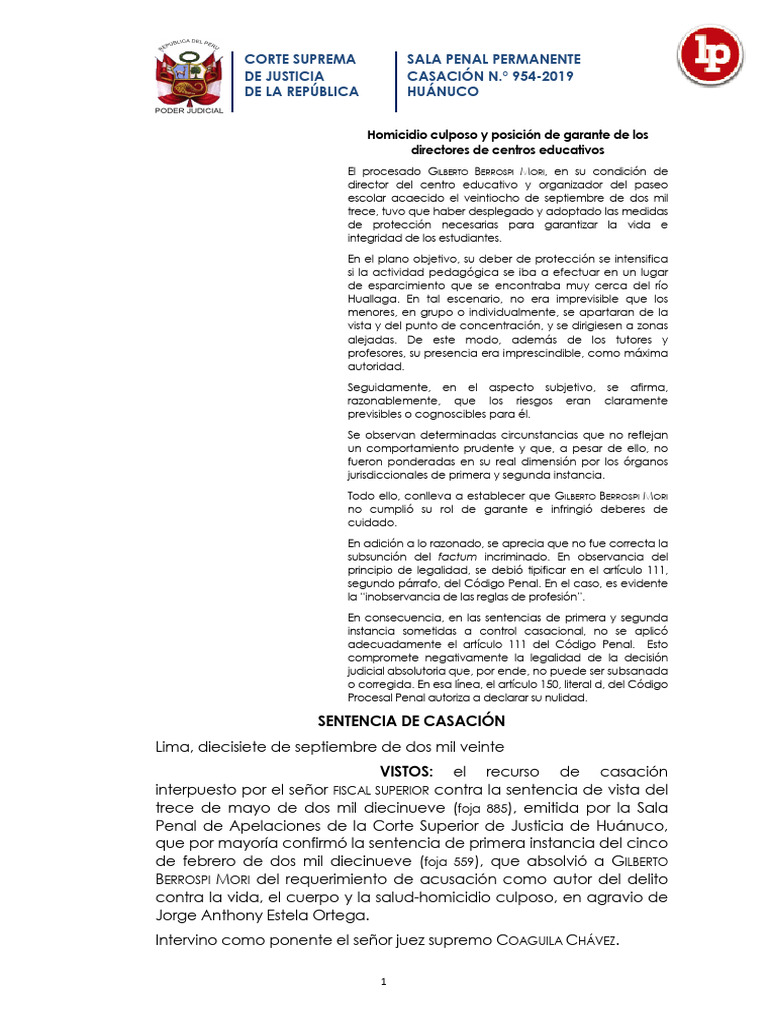 Casacion 954 2019 Huanuco LPDerecho | PDF | Judicaturas | Sentencia (ley) Casacion 954 2019 Huanuco LPDerecho | PDF | Judicaturas | Sentencia (ley)