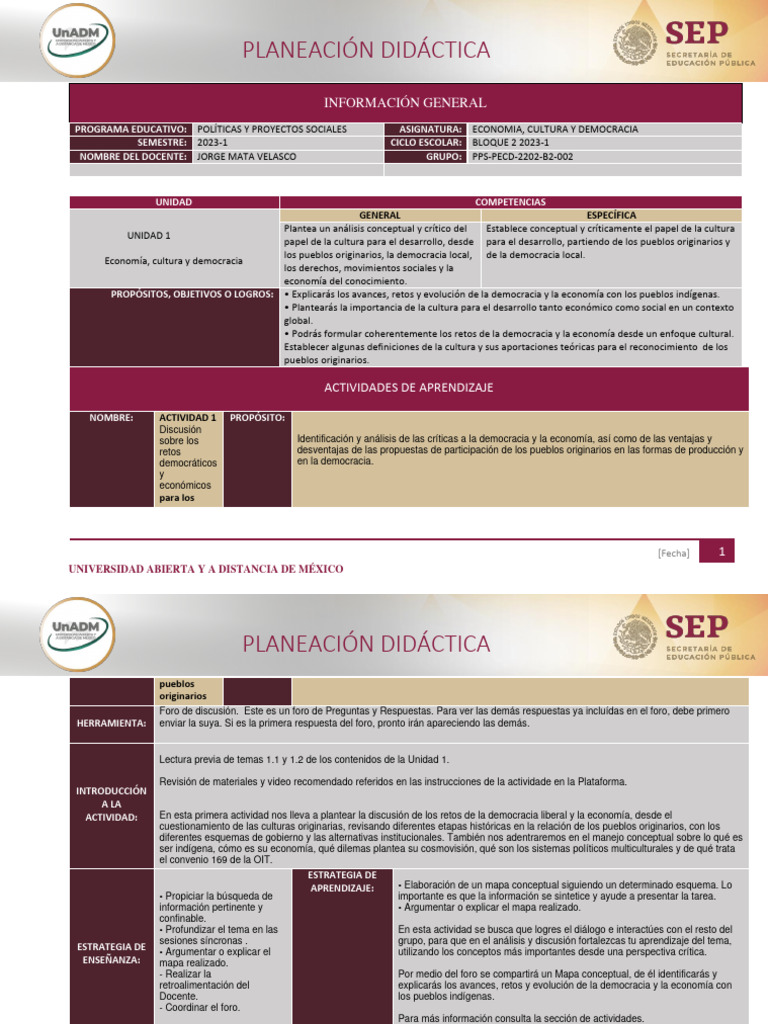 Planeación Didáctica U1 - PECD - 001 | Descargar gratis PDF | Democracia | Ideologías políticas