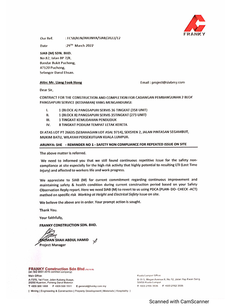 Let-Fcsb-Kln-Arunya-Siab-2022-12 - Reminder Safety Non Compliance For ...