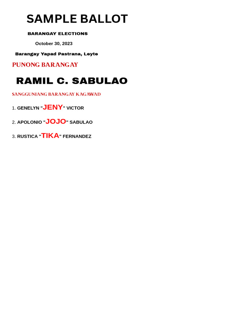 Barangay Yapad Election Sample Ballot | PDF | Sports & Recreation ...