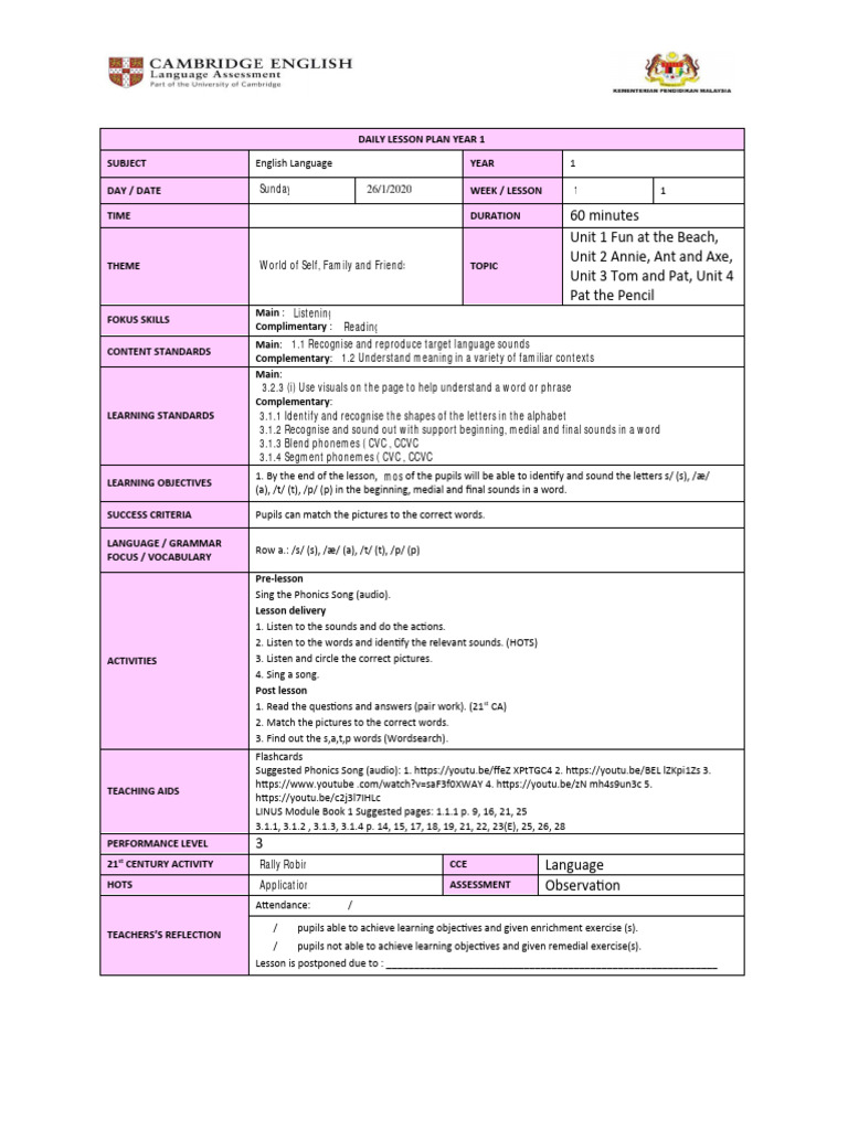 RPH Bi Year 1 (L1-21 Phonic) | PDF | Phonics | Word