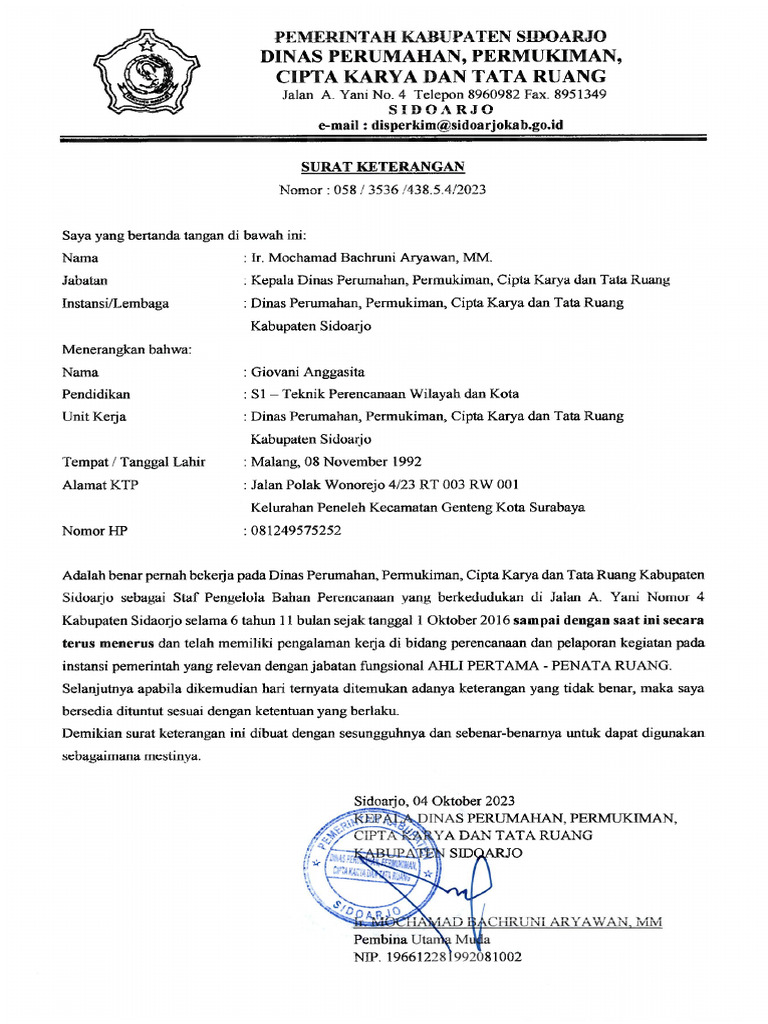 050 - Surat - Keterangan - Pengalaman - Kerja GIOVANI Kop | PDF