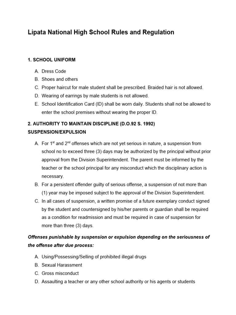 Lipata-National-High-School-Rules-and-Regulation (1) | PDF
