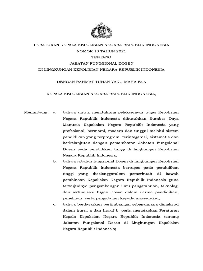 Perkap Nomor 13 Tahun 2021 Fungsional Dosen | PDF