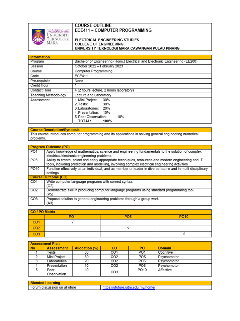 ECE411 2023-10 Course Outline | PDF | Engineering | Computer Programming
