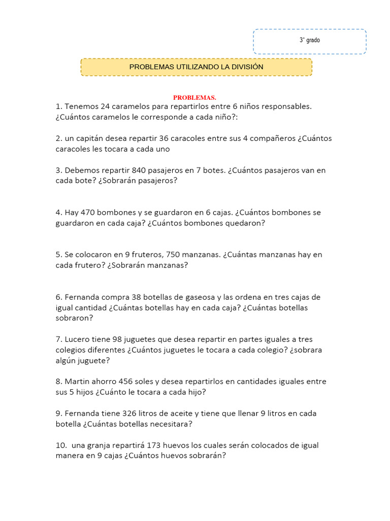 Problemas de División para 3° Grado | PDF | Cocina, comidas y vino