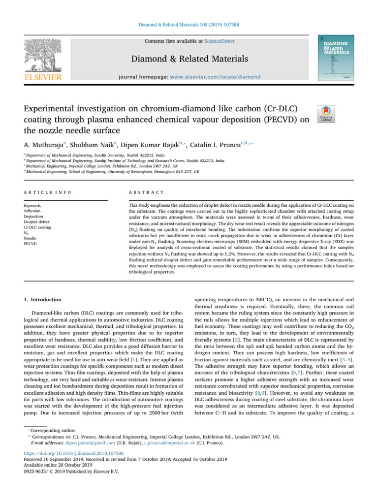 Experimental Investigation On Chromium-Diamond Like Carbon (CR-DLC) | PDF | Chemical Vapor ...