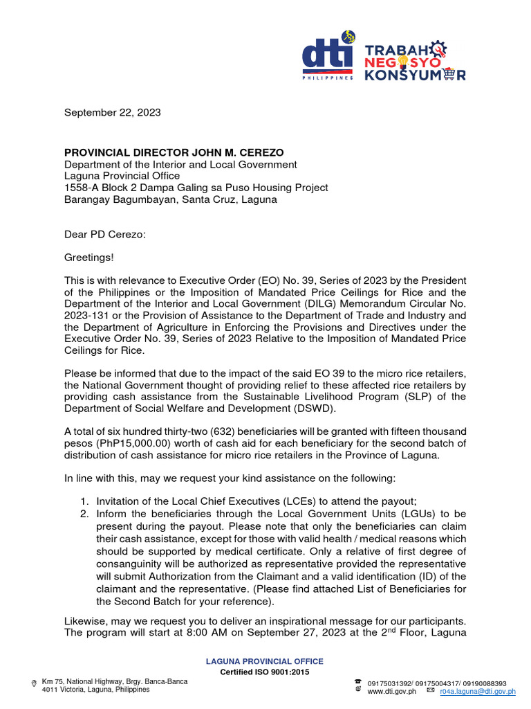Letter To DILG For The 2nd Batch Payout | PDF | Economies