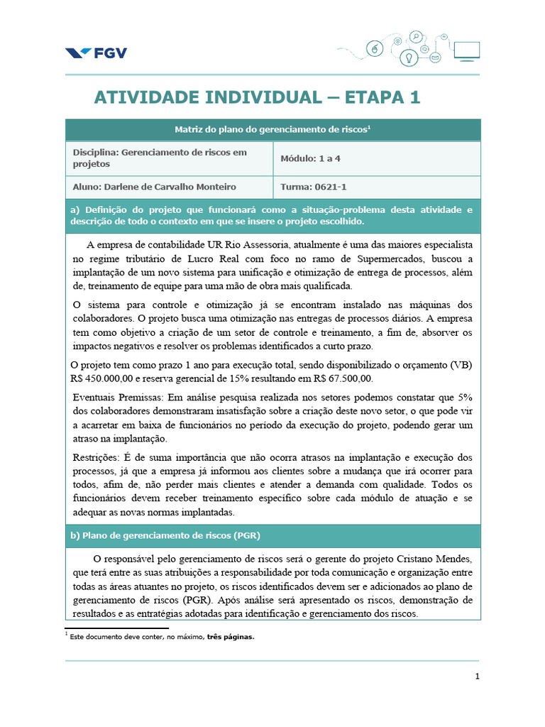 Darlene de Carvalho Monteiro - ATIVIDADE INDIVIDUAL - PGO e MBA - 2022 - V3 - Etapa 1 | PDF ...