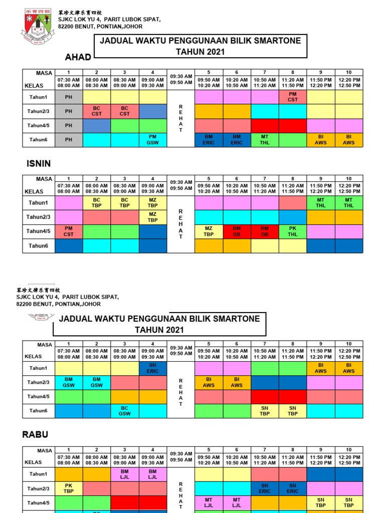 Jadual Guna SmartBoard 2021 (INDUK) | PDF