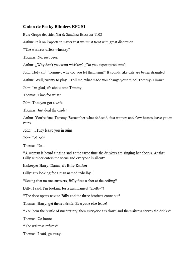 Peaky Blinders S1E2 Script Summary | PDF