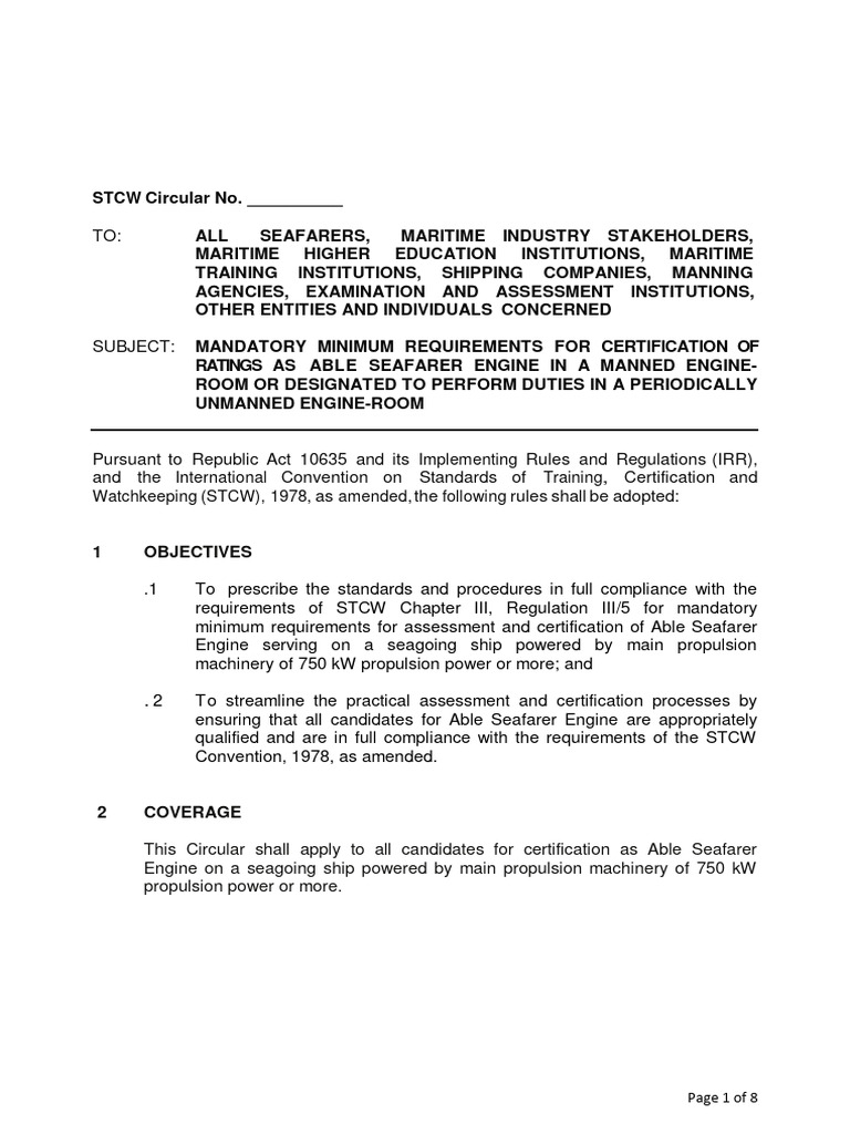 Proposed STCW Circular 2017 03 On Able Seafarer Engine | PDF | Shipping