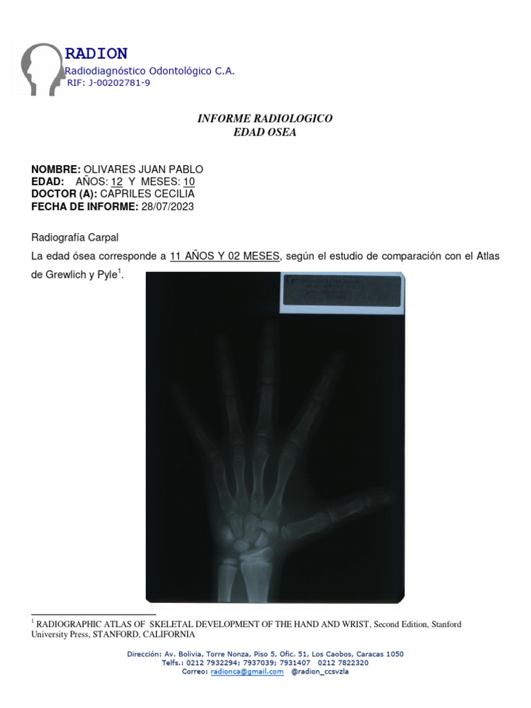 Informe Radiologico Edad Osea | PDF