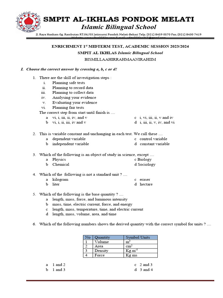 Naskah Soal PTS 1 Science Grade 7 | PDF | Density | Volume