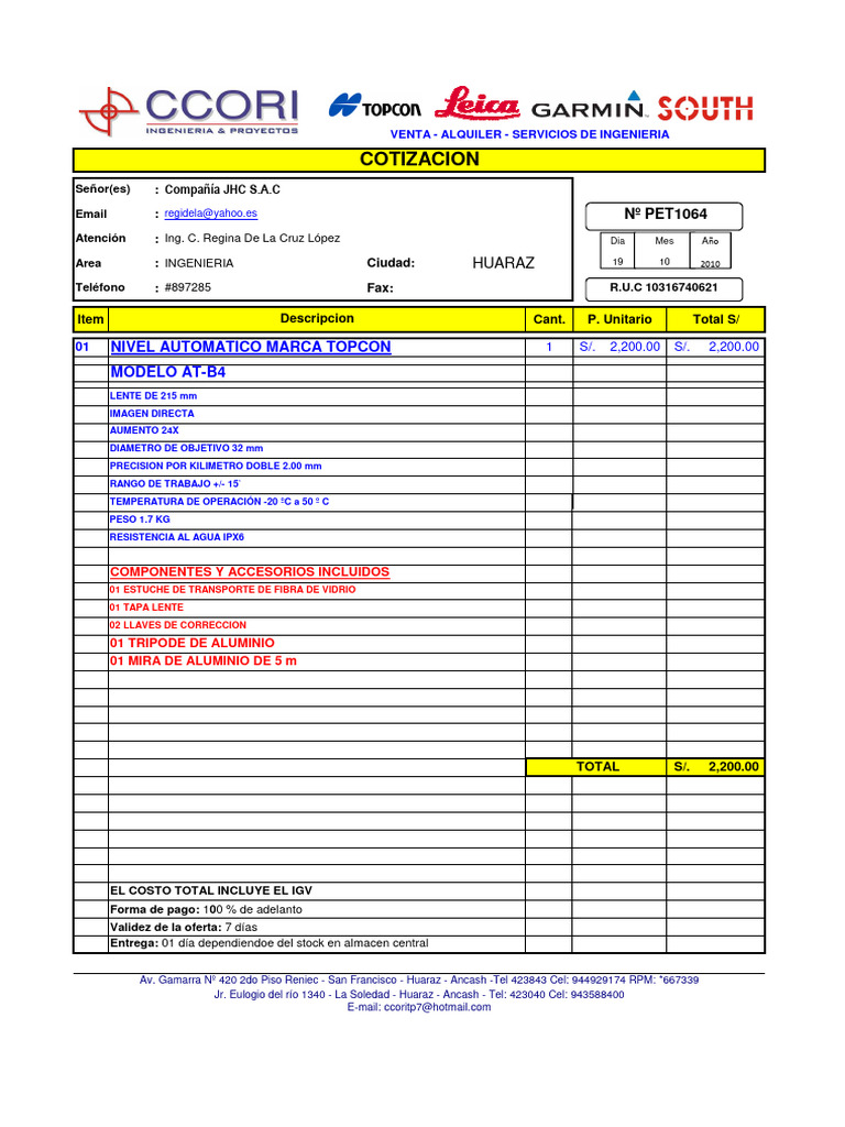Cotizacion # 1064 - Nivel Topcon At-B4 | PDF