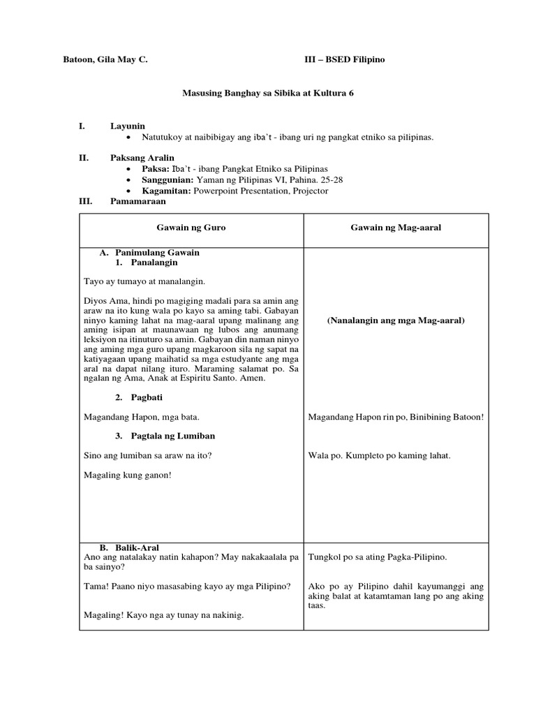 Lesson Plan (Sibika at Kultura, MSEP) | PDF