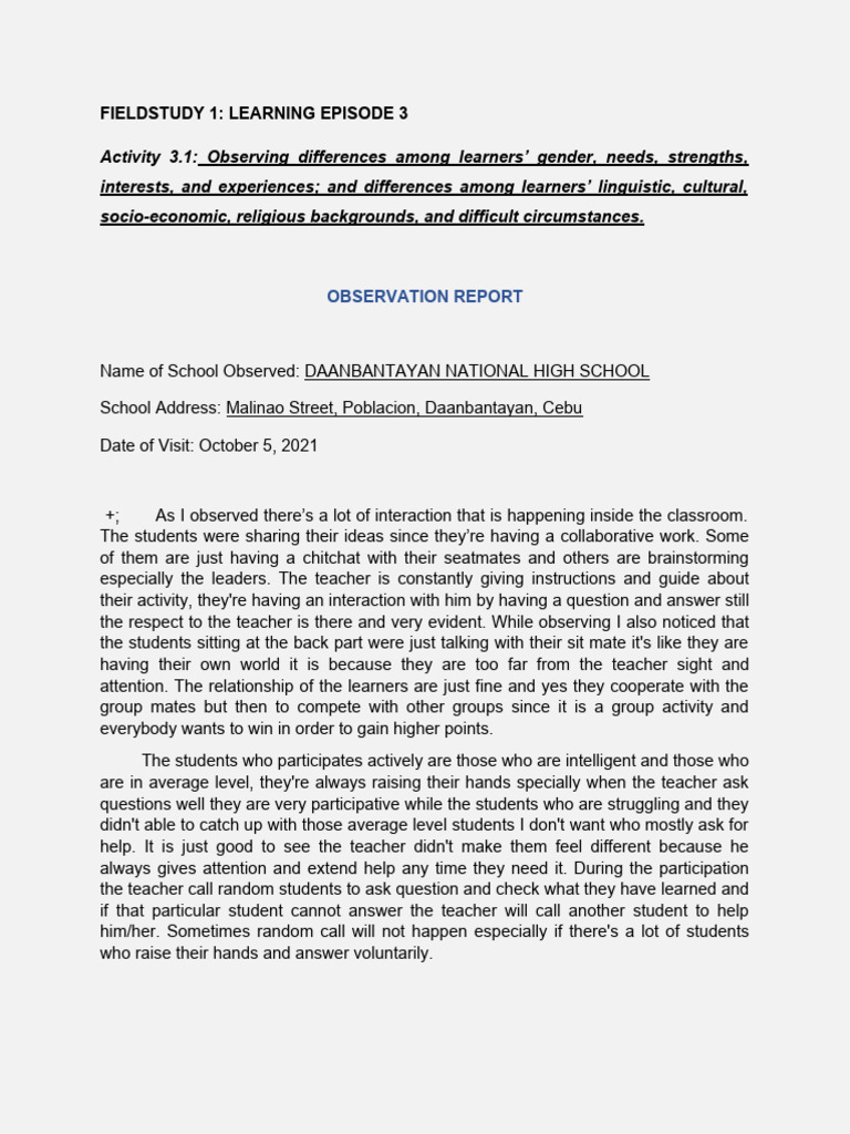 Field Study 1 - Learning Episode 3 | PDF | Differentiated Instruction ...