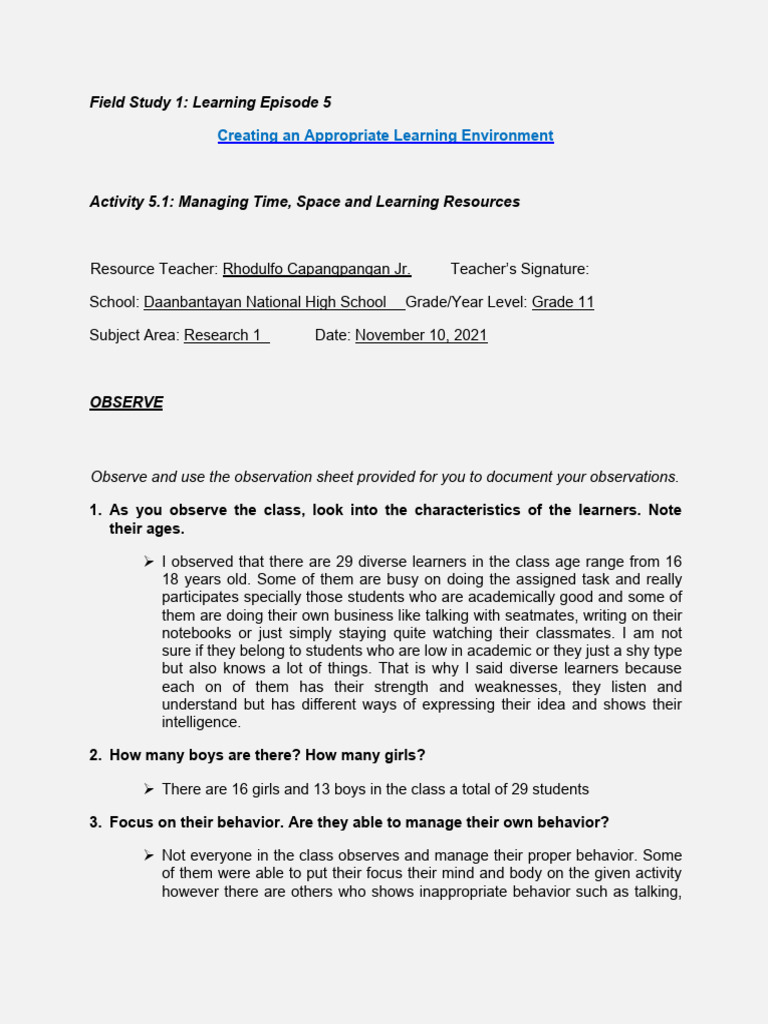 Field Study 1 - Learning Episode 5 | PDF | Learning | Teachers