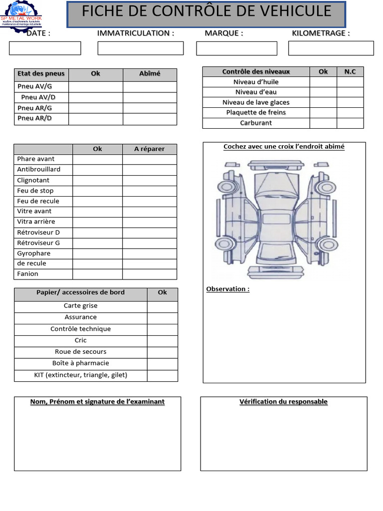 Fiche de Contrôle Véhicule: État et Sécurité | PDF