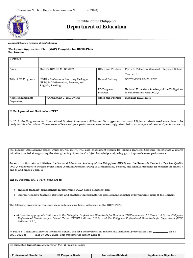 s5 Template WAP-for-Teachers | PDF | Learning | Teachers