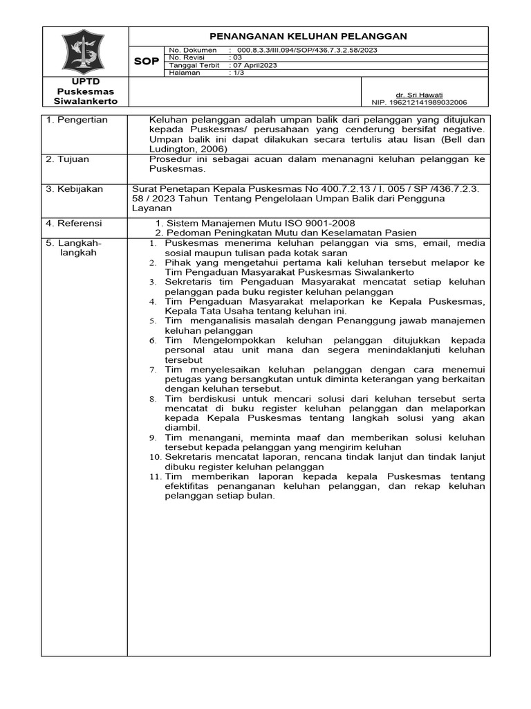 Sop Keluhan Pelanggan | PDF