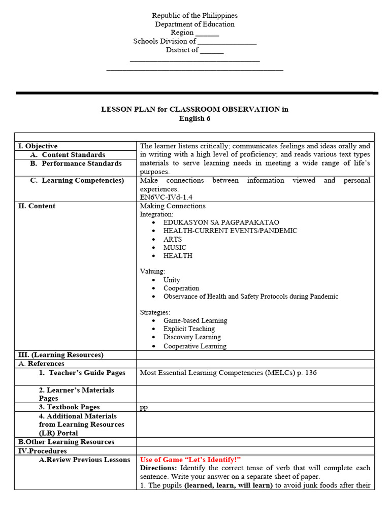 Grade 6 Making Connections Lesson Plan | PDF | Learning | Experience