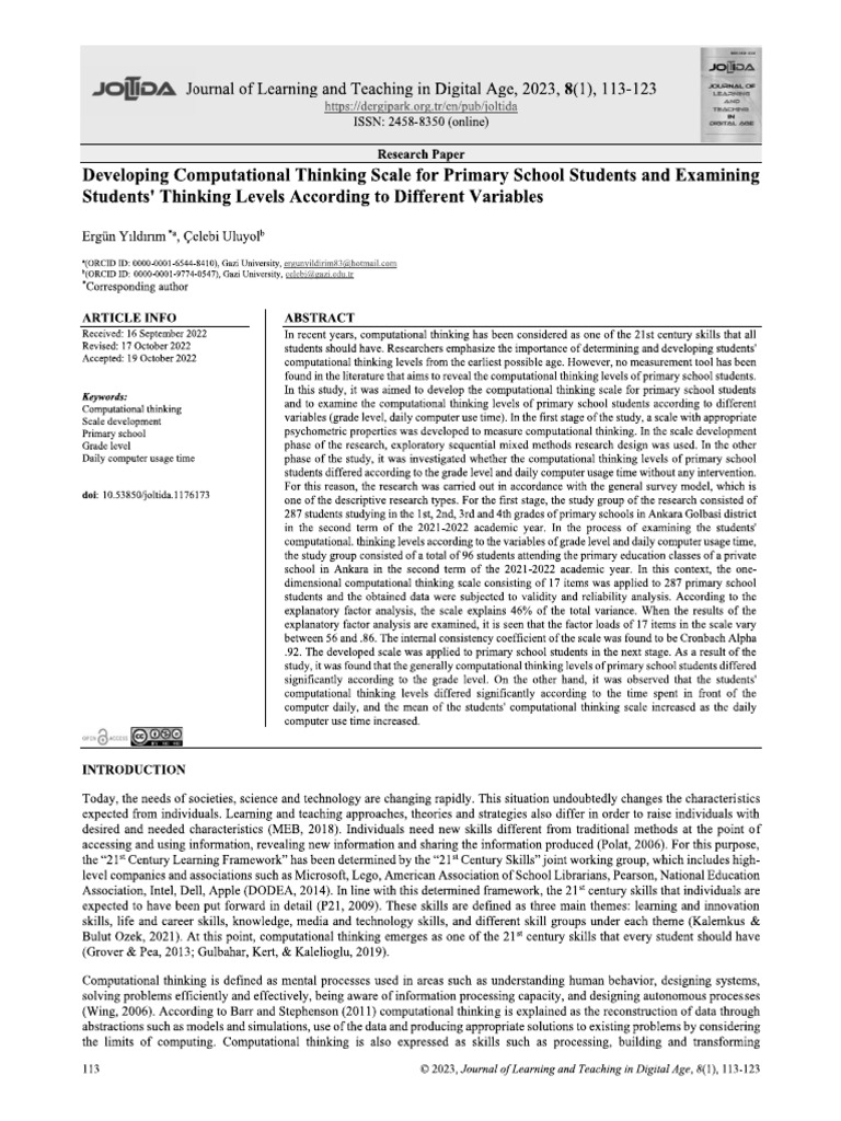 Developing Computational Thinking Scale For Primary School Students and Examining | PDF
