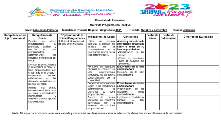 Matriz de Programación Efectiva - AEP - UNDÉCIMO GRADO | PDF