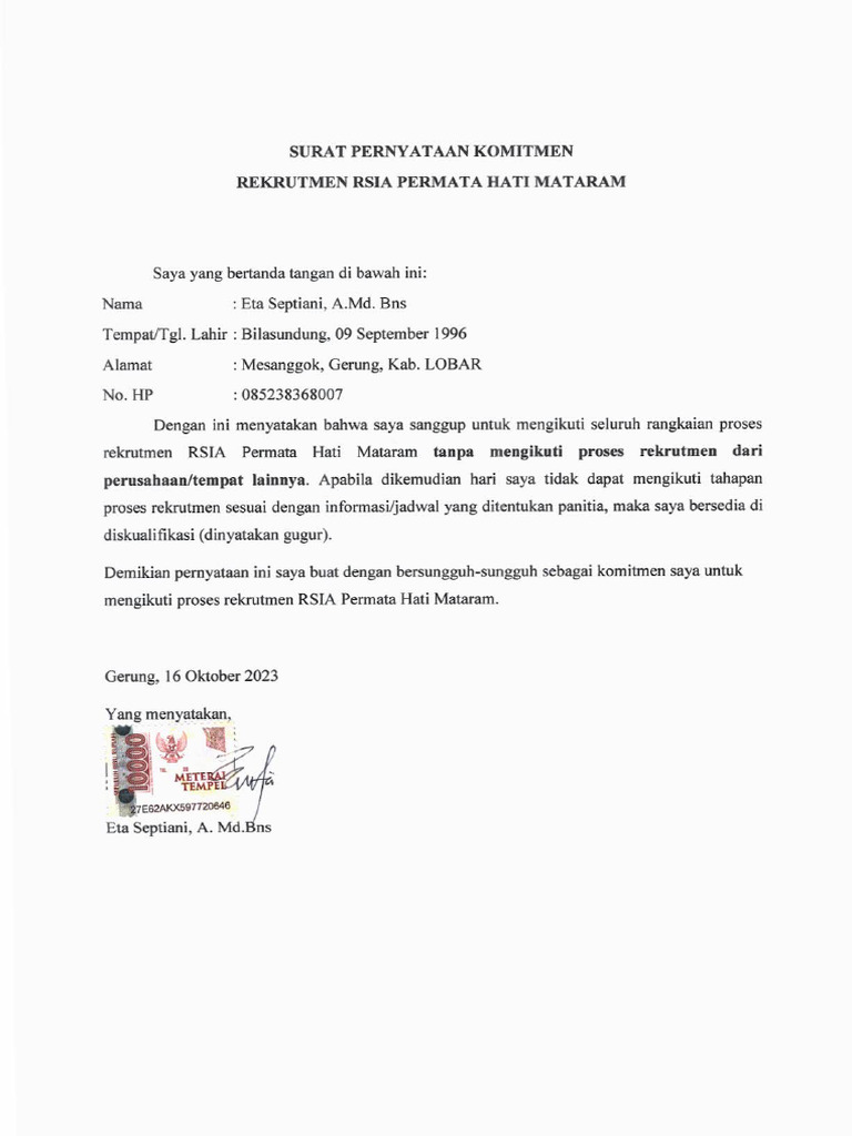 Surat Pernyataan Komitmen | PDF