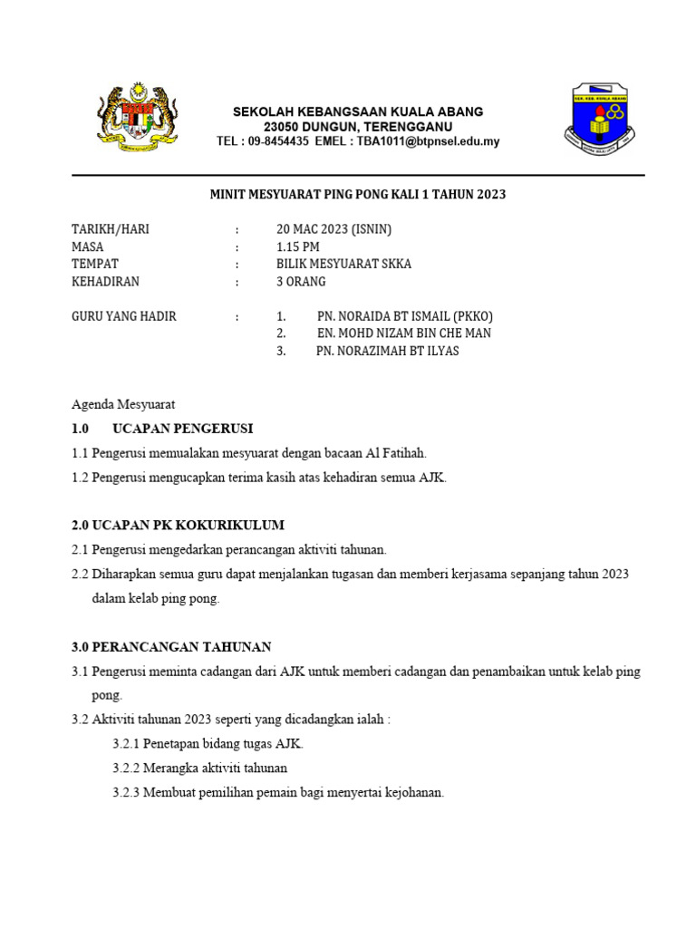 Minit Mesyuarat Kali 1 2023 | PDF