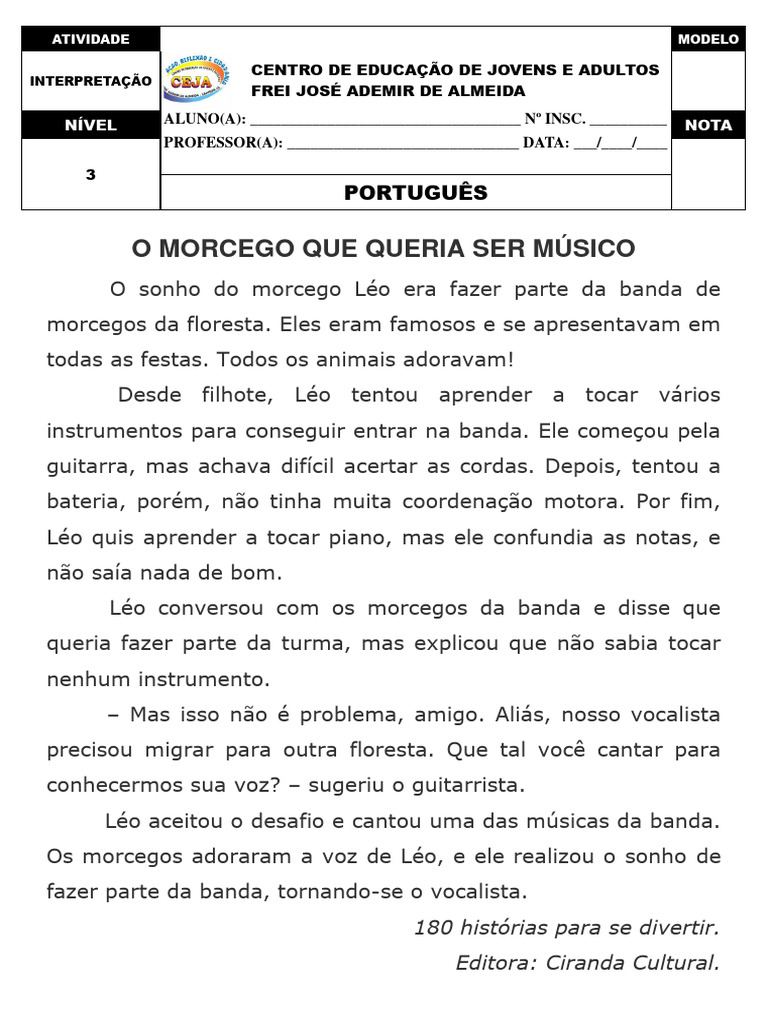 Fundamental 3 - O Morcego Que Queria Ser Músico | PDF Fundamental 3 - O Morcego Que Queria Ser Músico | PDF