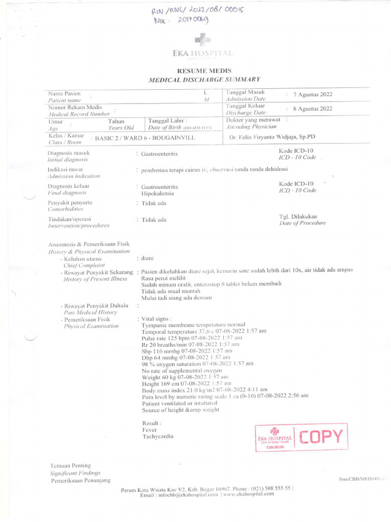 Contoh Resume Medis Rawat Inap | PDF