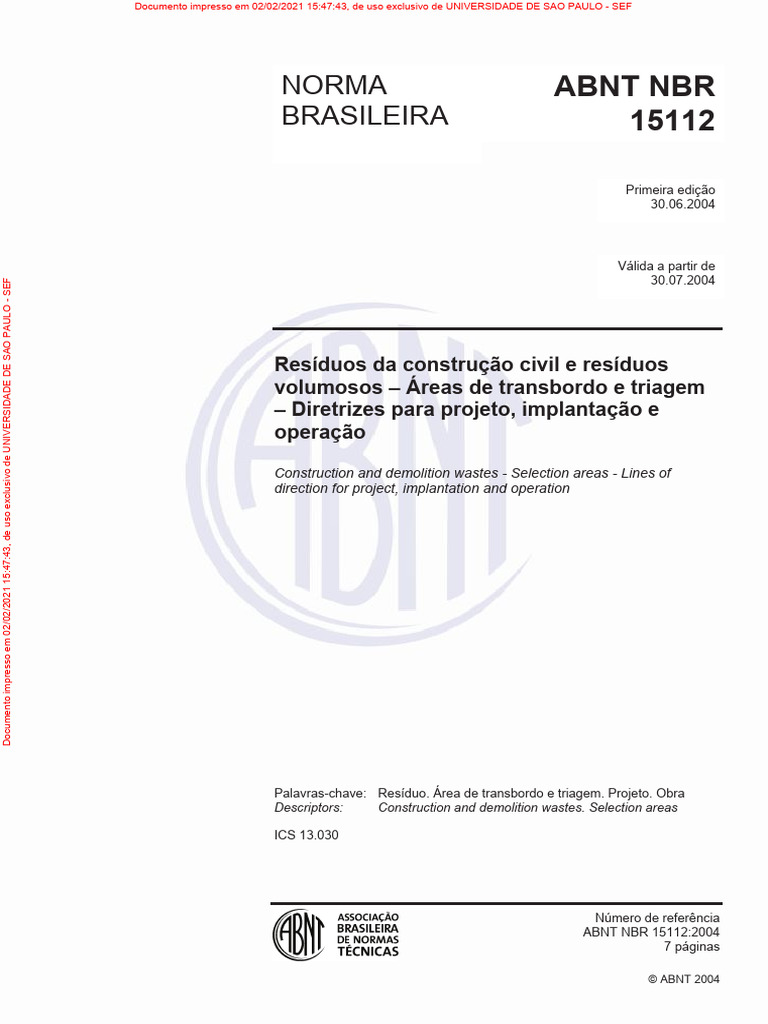 Abnt NBR 15112: Norma Brasileira | PDF | Desperdício | Reciclagem