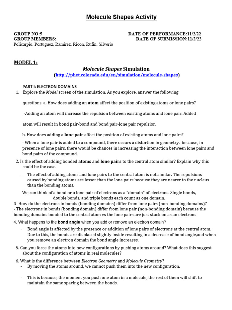 Molecule Shapes Activity | PDF | Chemical Bond | Molecules