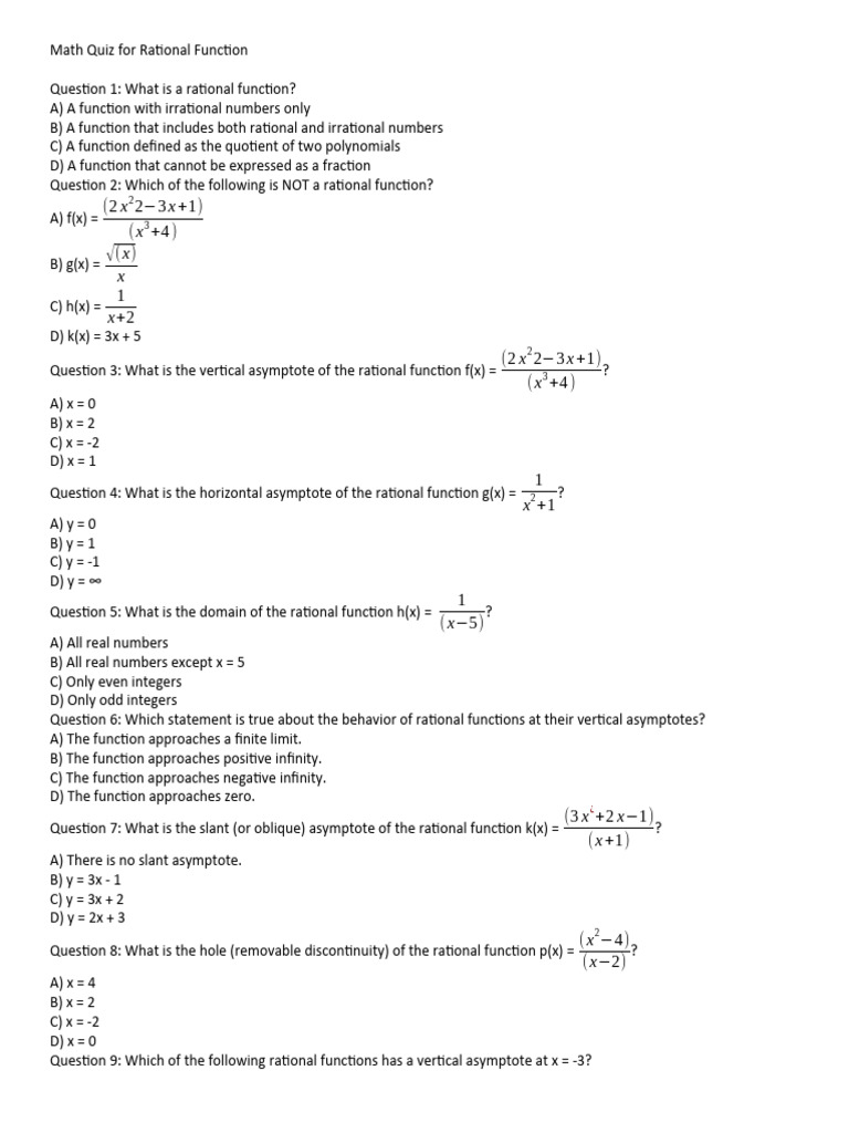 Rational Functions Quiz and Concepts | PDF | Rational Number | Function ...