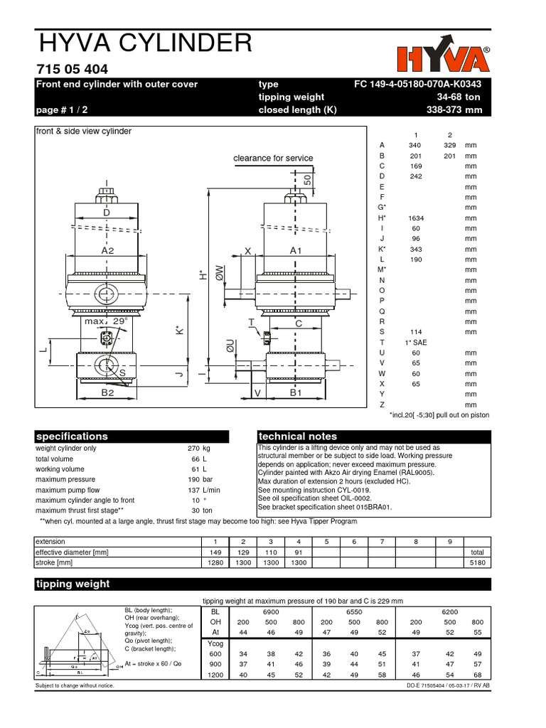 Silownik Hydrauliczny Teleskopowy Hyva 71505404 fc149 4 05180 070a k0343 KH Kipper | PDF ...