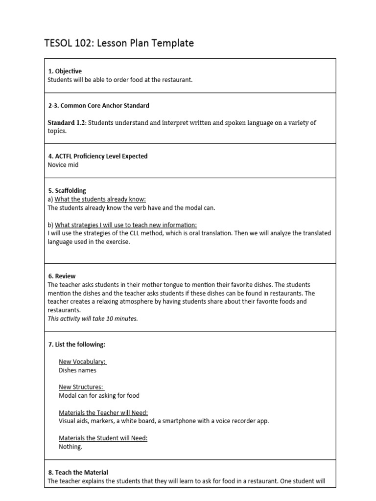 TESOL Lesson Plan: Ordering Food | PDF | Lesson Plan | Teachers