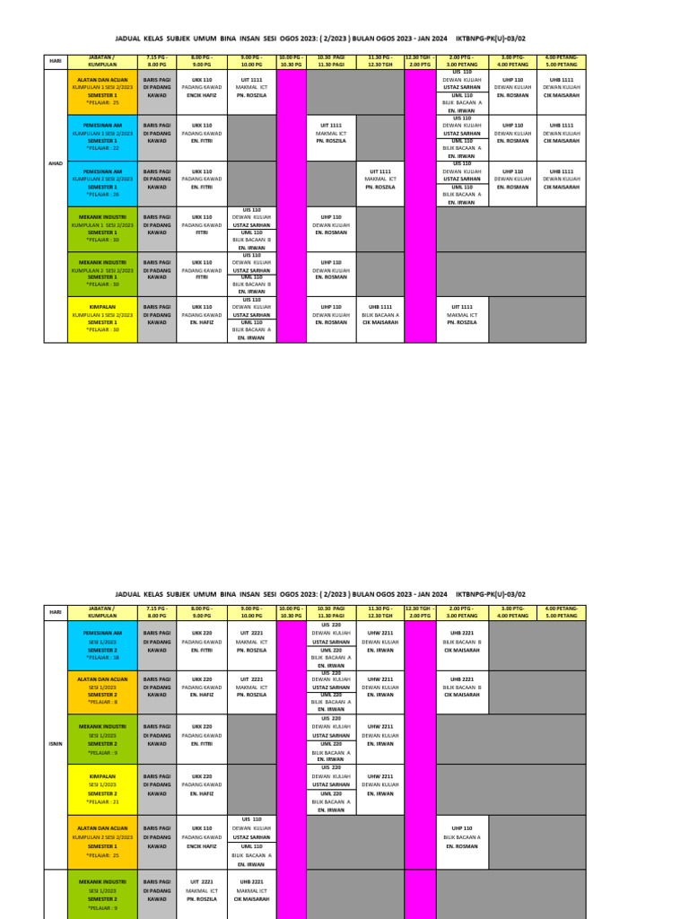 Jadual Terkini Subjek Umum Bina Insan Sesi 2-2023 .Xls 20-8.2023 | PDF