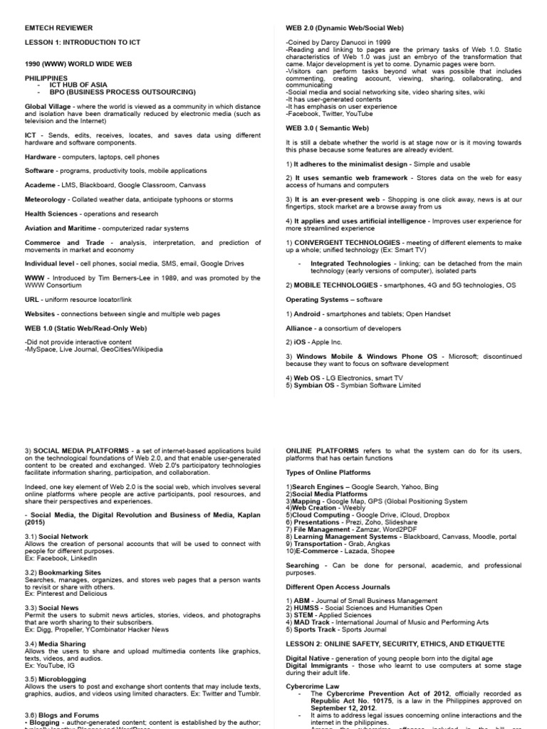 EMTECH REVIEWER _ W1 and W2 | PDF | World Wide Web | Internet & Web