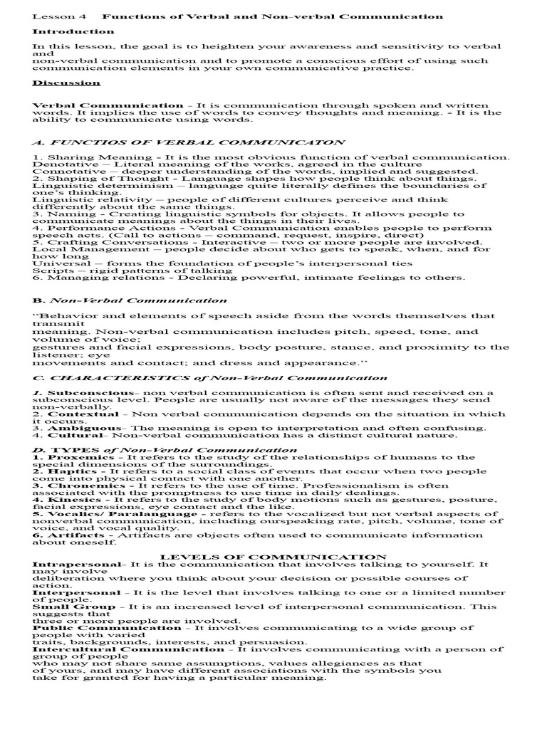 Lesson 4 Functions of Verbal and Non | PDF | Communication | Nonverbal ...